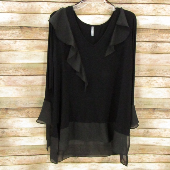 Massini | Tops | Massani Black Vneck Sheer Rufflehemcuffs Feminine ...